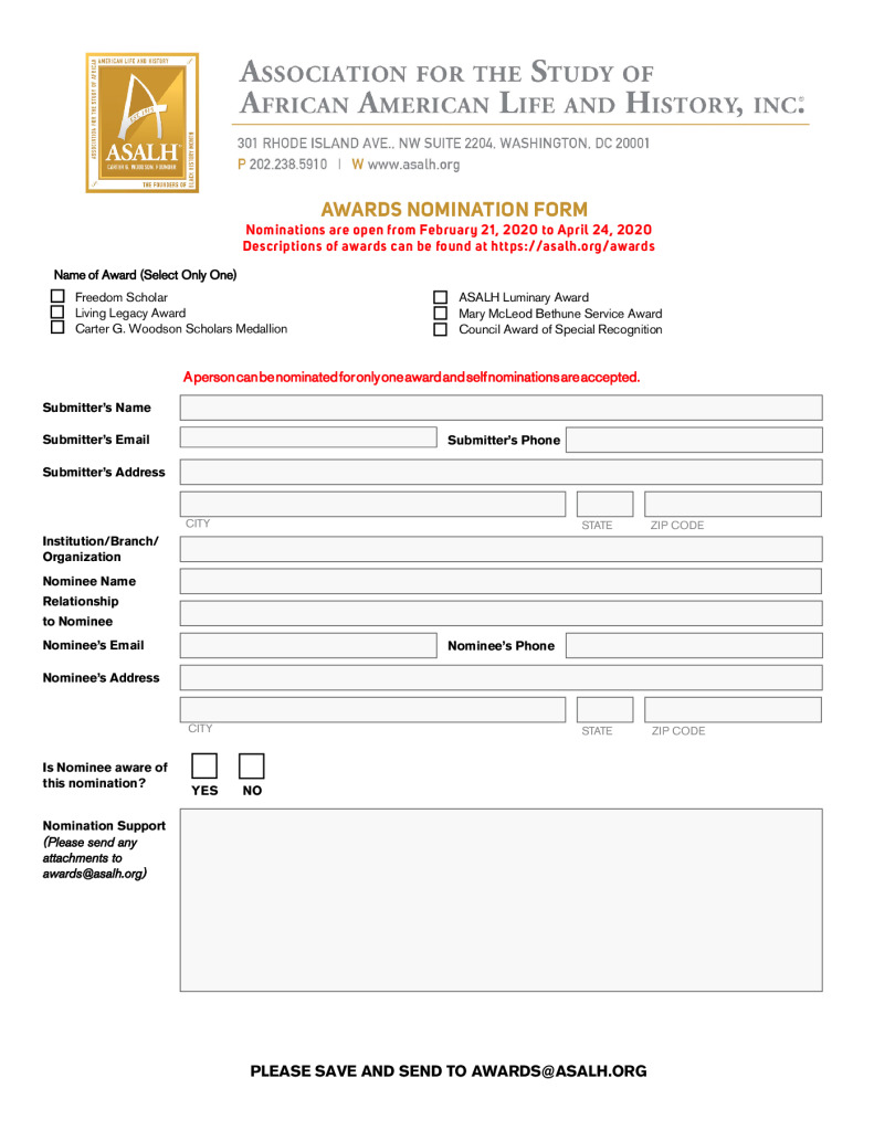 ASALH - The Founders of Black History Month | Awards Nomination Form